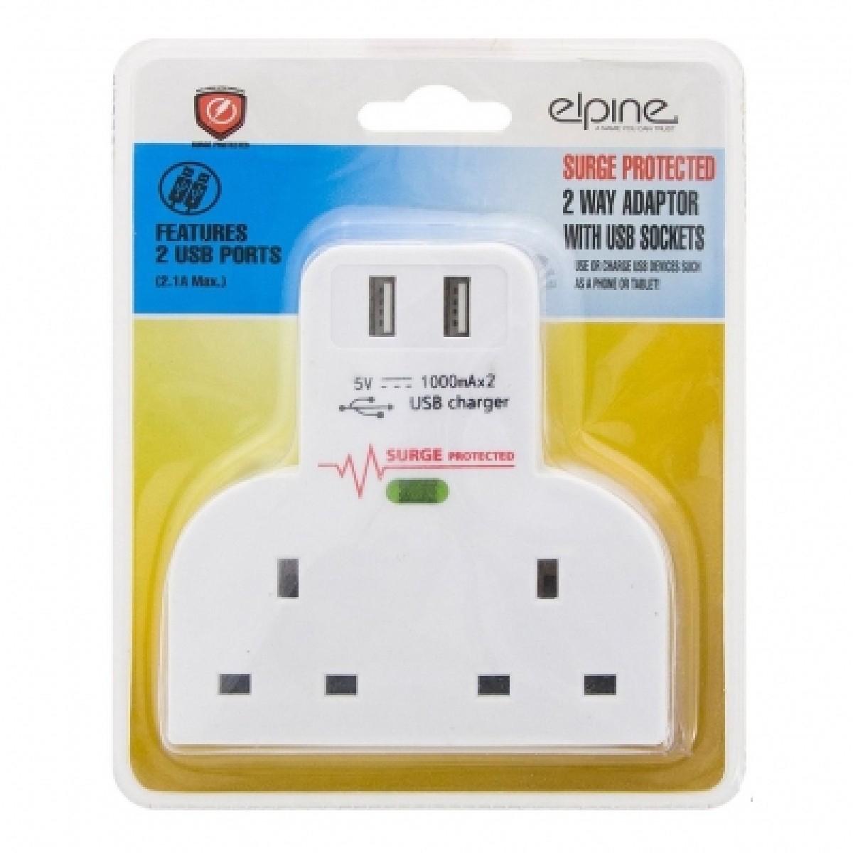 Elpine Twin Electric Socket Surge Protected Plug Adaptor USB Charger ...