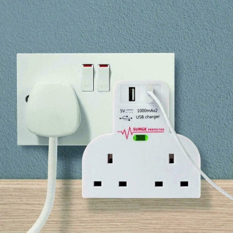 Elpine Twin Electric Socket Surge Protected Plug Adaptor USB Charger ...