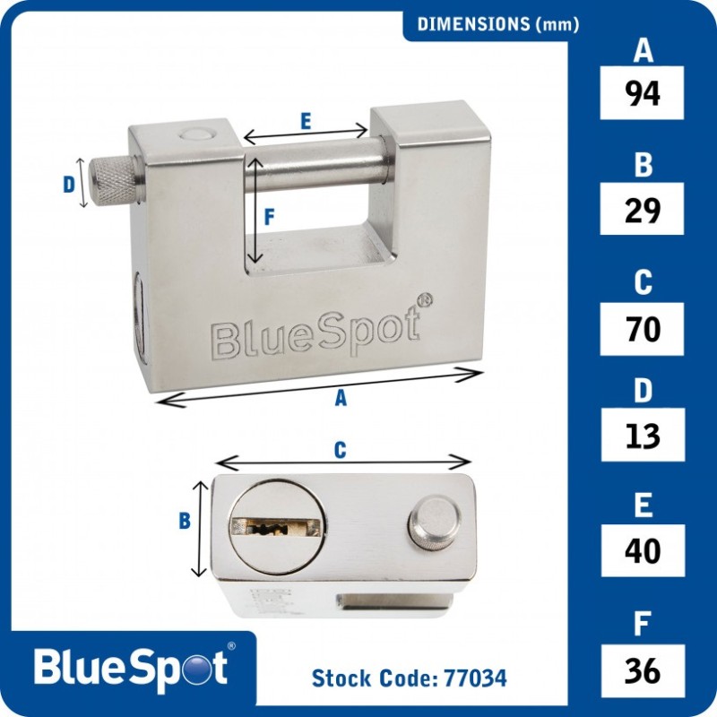 Blue Spot Fort Knox High Security 94mm Shutter C Lock Padlock 77034 ...