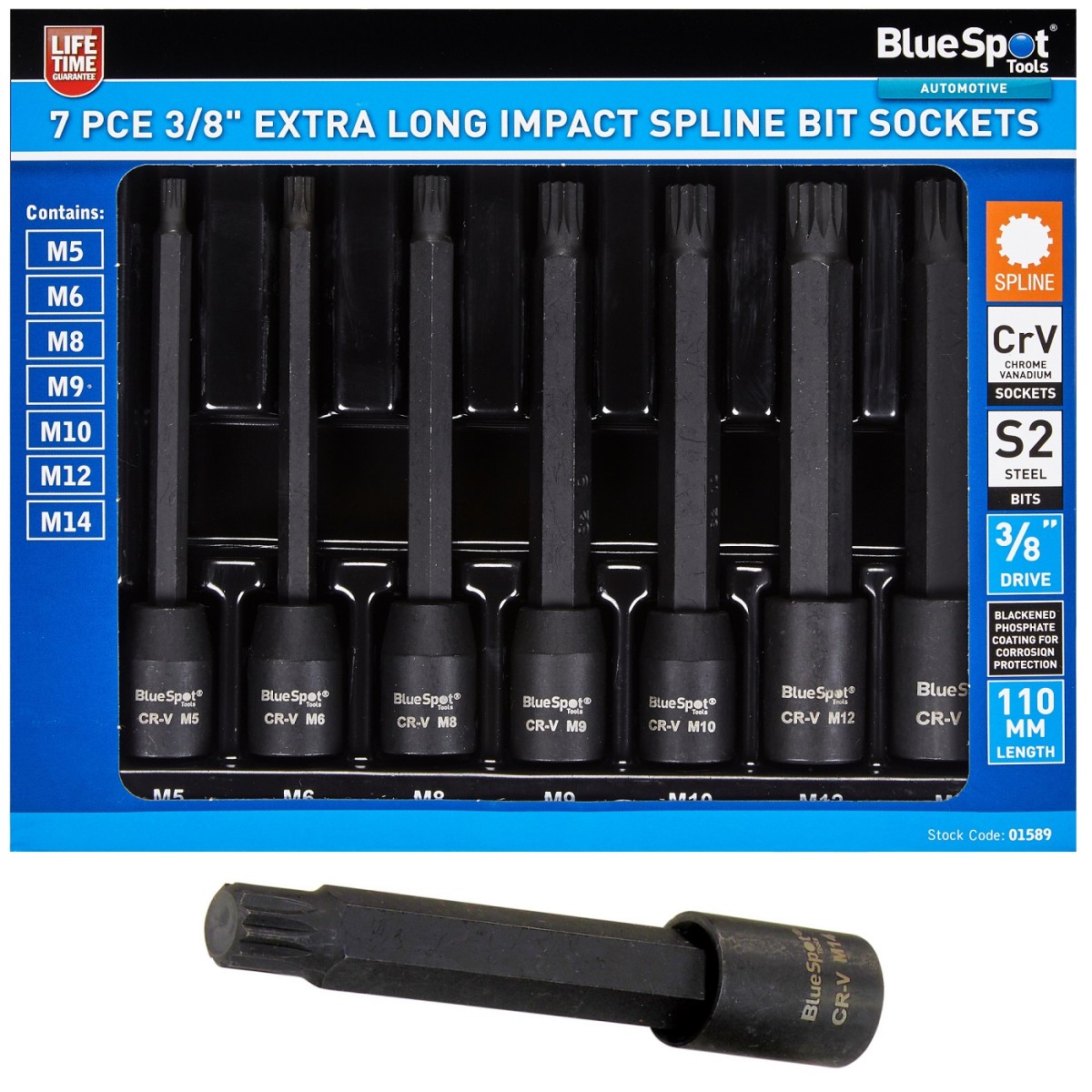 Blue Spot Tools Extra Long Impact Spline Bit Sockets 7pc 3/8 Inch Set ...