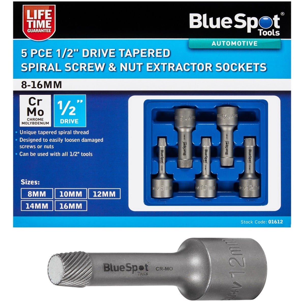 Blue Spot Tapered Spiral Screw Nut Extractor 1/2 inch Sockets 5pc Set ...