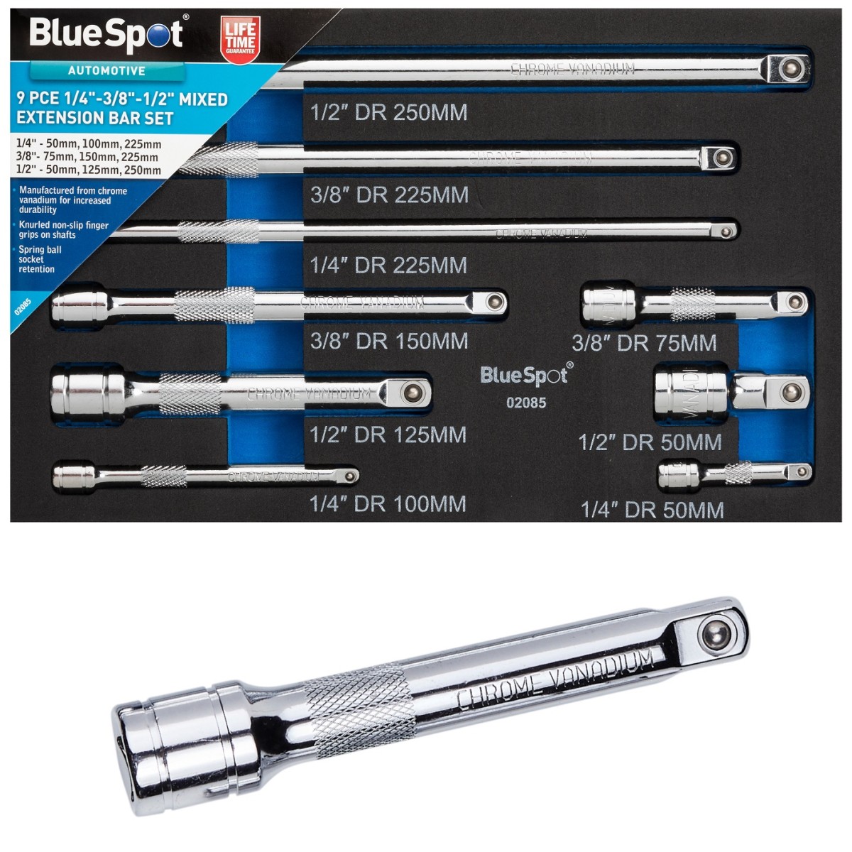 Blue Spot Tools 1/4" 3/8" 1/2" Mixed Extension Bar 9pc Set 02085 Bluespot| Sealants and Tools Direct