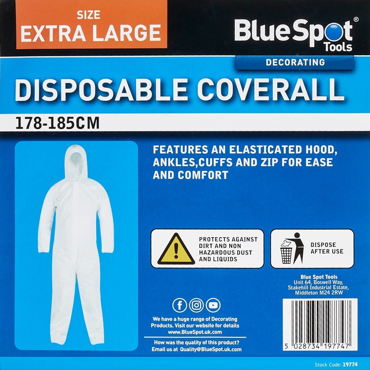 Blue Spot Disposable Coverall Overalls XL Extra Large 19774 | Sealants ...