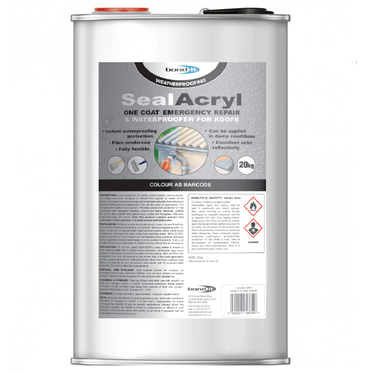 Bond It Sealacryl 20kg Grey Fibre Reinforced Roof Coating SA20GR | Sealants and Tools Direct