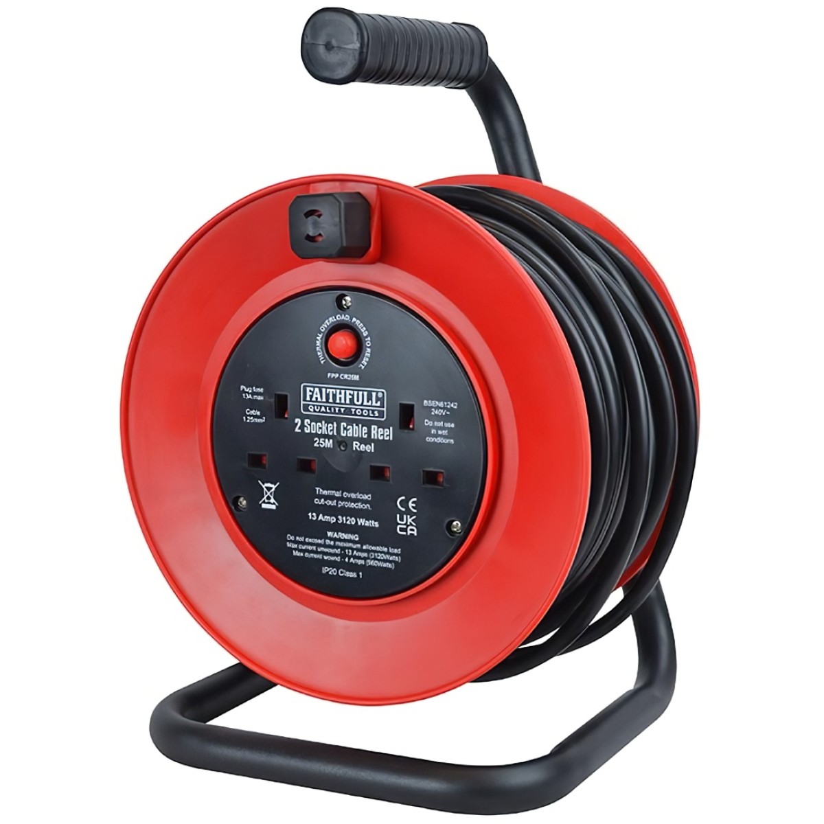Faithfull Electric 25m Open Cable Reel Drum Twin Socket FPPCR25M ...