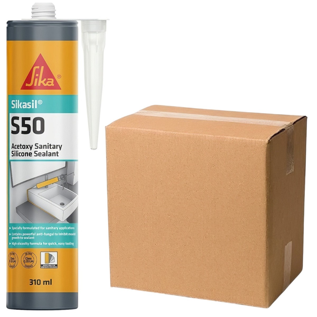 Sika Sikasil S50 Box of 25 Mid Mod Acetoxy Sanitary Sealant White Clear ...